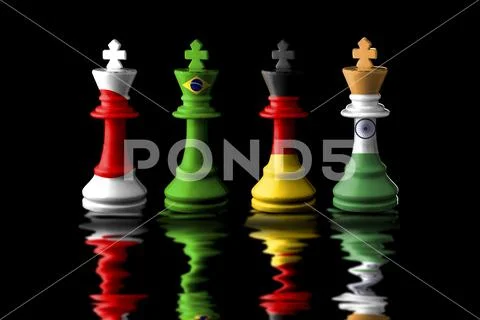 G4 countries flags paint over on chess king. on black background.3D ...