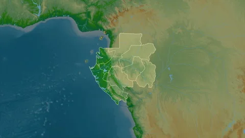 Gabon map - extract. Regions. Physical. | Stock Video | Pond5
