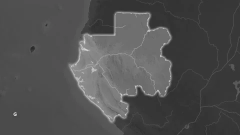 Gabon map - solid. Glow. Grayscale. Labe... | Stock Video | Pond5