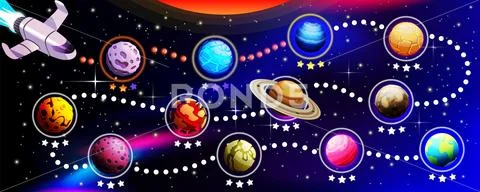 Game space. UI planet map. Sky level route. Computer playing. Astronaut ...