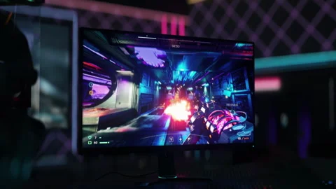 Gaming PC Screen Displays Sci-fi Shooter... | Stock Video | Pond5