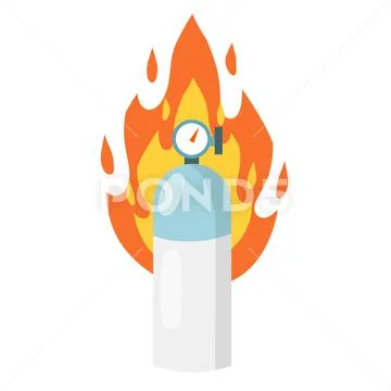 Gas and oxygen cylinder with indicator in fire. Flame and blue tank ...