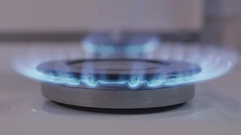 gas stove with fire, close-up side view ... | Stock Video | Pond5