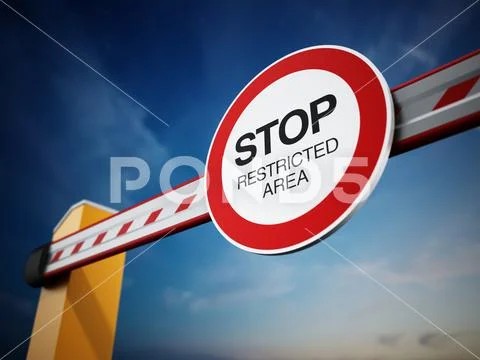 Gate barrier system with stop sign. 3D illustration Illustration #187524280