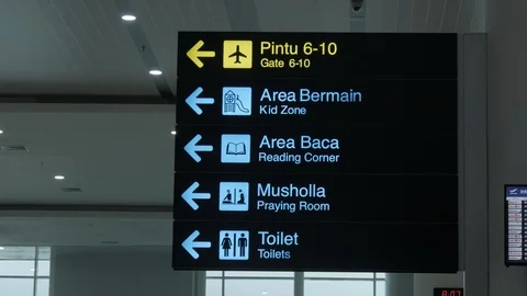 Gate direction sign with symbols for pub... | Stock Video | Pond5