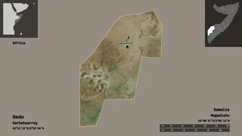 Gedo location. Somalia. Satellite map | Stock Video | Pond5
