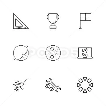 Geometry scale, trophy , flag , planet , germs plate , laptop , trolley ...