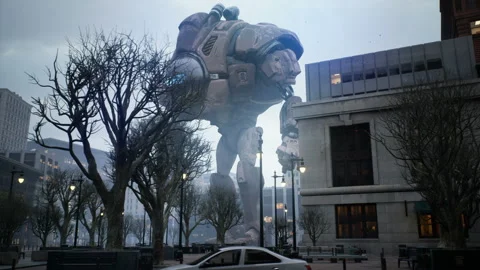 A giant robot destroys and invades a pea... | Stock Video | Pond5