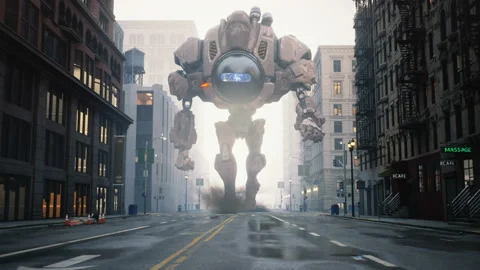 A giant robot invader strides through a ... | Stock Video | Pond5