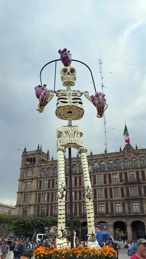 Giant skeleton sculpture juggling on dis... | Stock Video | Pond5