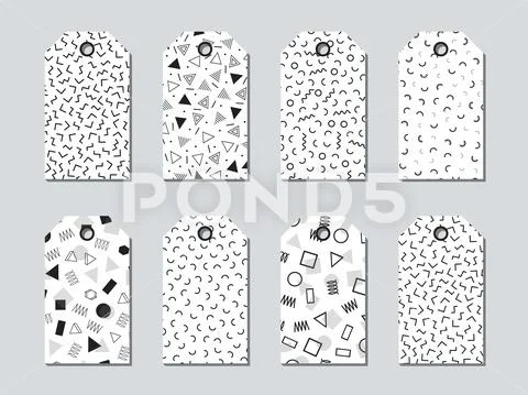 Gift tags and cards set with memphis elements. Collection of holiday ...