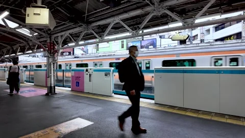 Ginza line train arriving at Kanda stati... | Stock Video | Pond5