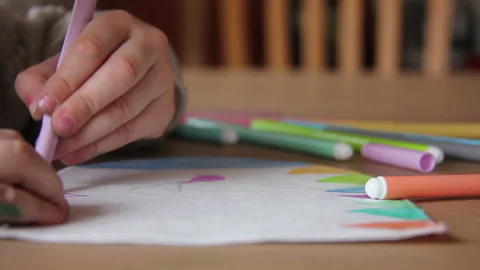 Girl Drawing On Paper At Table, Little G... | Stock Video | Pond5
