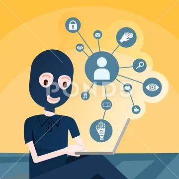 Girl hacker black mask over relation diagram diversity icon on yellow ...