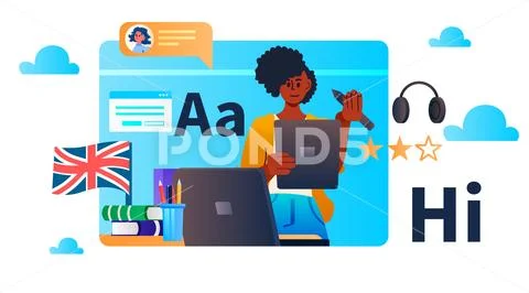 Girl learning language on laptop online education e-learning concept ...