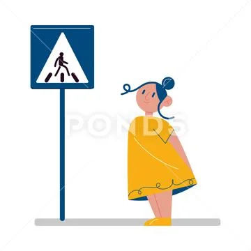 Girl looking at sign with pedestrian and memorizing traffic rules ...