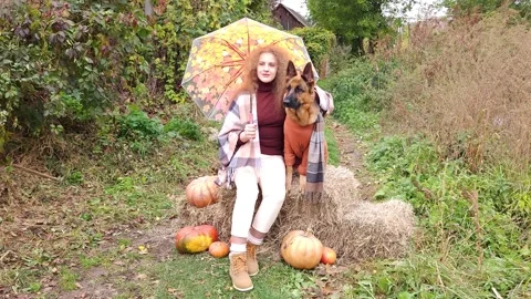 A girl with luxurious hair sits on hay ... | Stock Video | Pond5