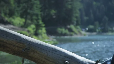 girl sitting on a log fishing | Stock Video | Pond5