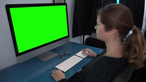 Girl Using Office Computer Green Screen | Stock Video | Pond5