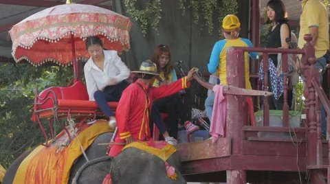 Girls mounting elephant from platform,Ay... | Stock Video | Pond5