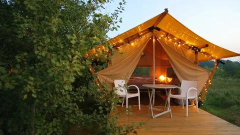 Glamping houses, rural landscape, tent h... | Stock Video | Pond5