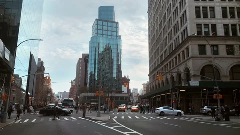 glass building Cooper Square cars taxis ... | Stock Video | Pond5