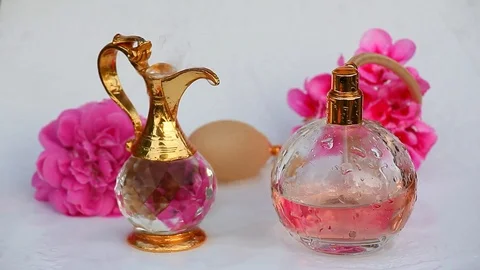 Glass perfume bottle water drops gold ju... | Stock Video | Pond5