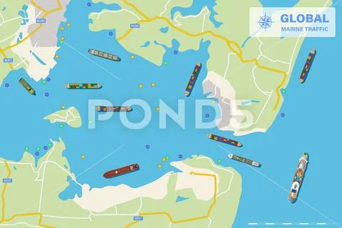 Global marine traffic. Top view of cargo ships navigation live map ...