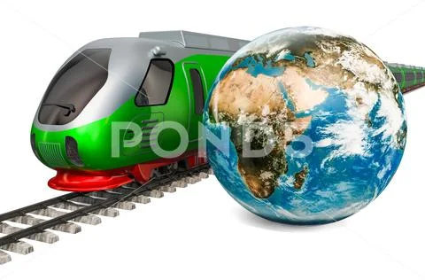 Global Rail Travel concept. High speed train with Earth Globe, 3D ...