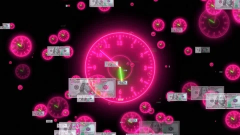 Glowing neon analog clock dollar particl... | Stock Video | Pond5
