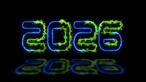 Glowing neon fire effect text 2026 anima... | Stock Video | Pond5