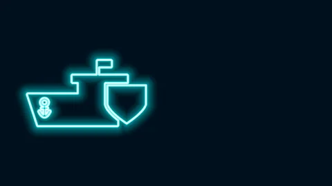 Glowing neon line Ship with shield icon ... | Stock Video | Pond5