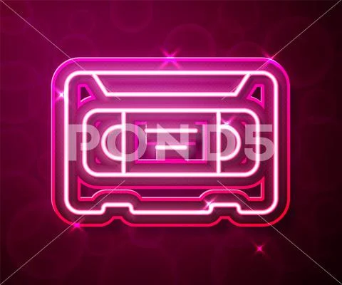 Glowing neon line VHS video cassette tape icon isolated on red ...
