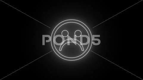Glowing white neon sad smile symbol animation. Sad emoji facial ...