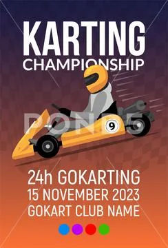 Go kart race background poster. Karting race car cartoon helmet driver ...