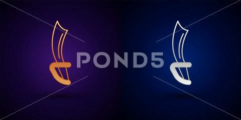 Gold and silver Pirate sword icon isolated on black background. Sabre ...