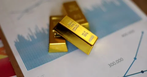 Gold bars on paper chart in office | Stock Video | Pond5