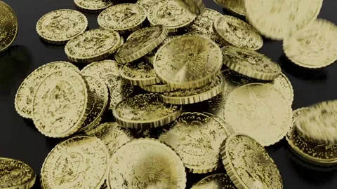 Gold coins fall on a black surface. 4k. ... | Stock Video | Pond5