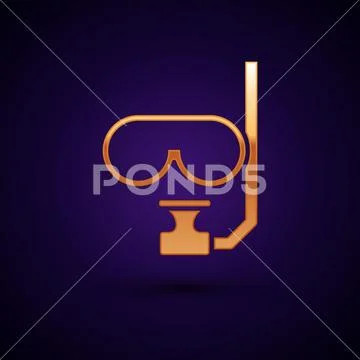 Gold Diving mask and snorkel icon isolated on black background. Extreme ...