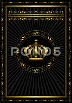Gold frame with a badge and crown on black background Illustration ...
