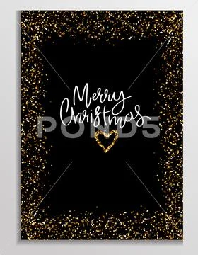 Gold Glitter card with hart and sparkle frame. Lettering Merry ...