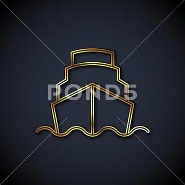 Gold line Cruise ship in ocean icon isolated on black background ...