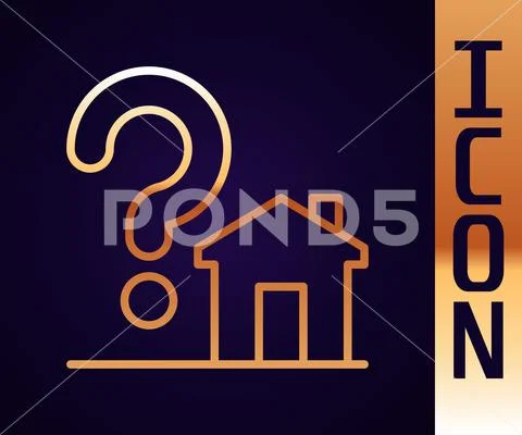 Gold line House with question mark icon isolated on black background ...