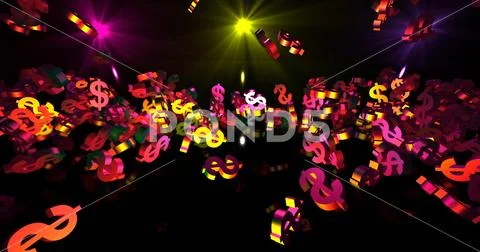 Golden 3d dollar symbols falling in neon lights falling. Finance event ...
