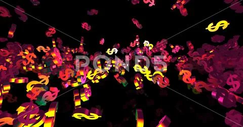 Golden 3d dollar symbols falling in neon lights falling. Finance event ...