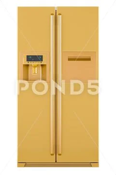 Golden Fridge with side-by-side door system, 3D rendering Illustration ...