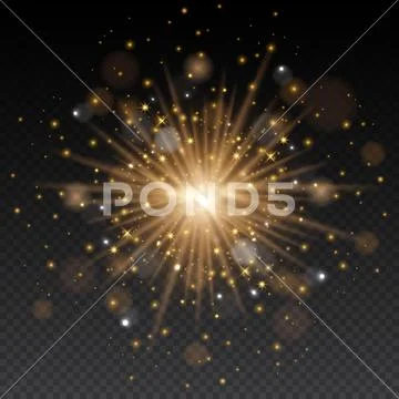 Golden Glow light effect on dark transparent background. Star burst with rays ~ Clip Art #135013895