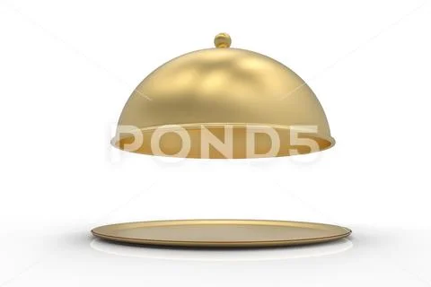 Golden Restaurant Cloche plate with open lid. 3d illustration: Royalty Free #136130070