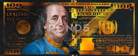 Golden textured 100 US dollar banknote with black background: Graphic ...