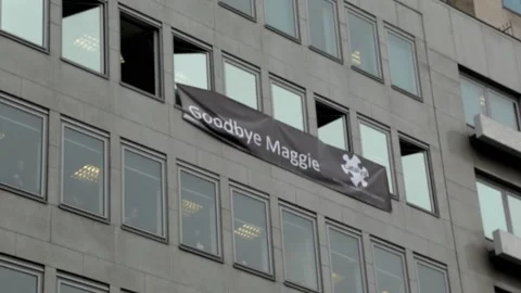 Goodbye Maggie banner on day of Thatcher... | Stock Video | Pond5